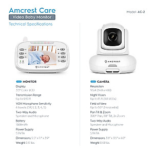 Amcrest AC-2 Video Baby Monitor with Camera and Audio, 3” LCD Display, Two-Way Audio, Temperature and Voice/Audio Alarm, VOX Mode, Pan/Tilt/Zoom Security Camera, Night Vision, 980ft Transmission Range
