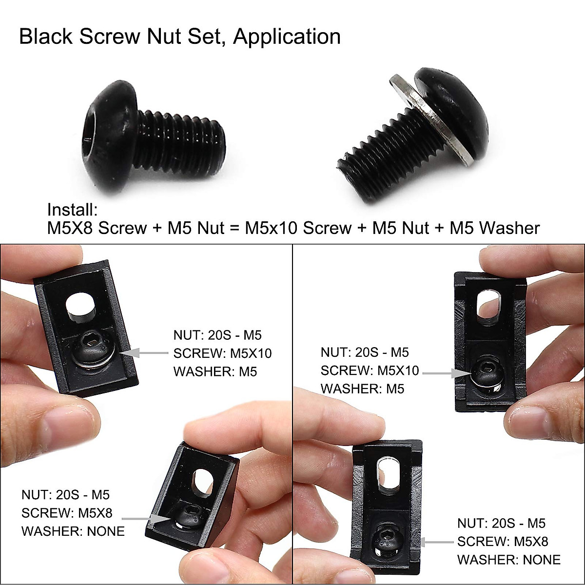 BLCCLOY 200Pcs M5 Black 20 Series T Slot Nuts and Bolts Screws Kit for 2020 Aluminum Extrusion Profile, 40Pcs M5x10, M5x8 Hexagon Socket Screws, 40Pcs M5 T Sliding Nut, Drop in T Nut, 40Pcs Washers