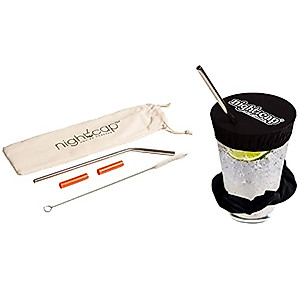 NightCap Drink Cover Scrunchie and Straw Kit Bundle - The Drink Spiking Prevention Scrunchie As Seen on Shark Tank with 2 Stainless Steel Straws, Straw Brush, 2 Silicone Tips, & Stylish Duvet Pouch