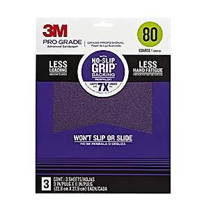 3M Pro Grade No-Slip Grip Sandpaper, 3-Pack, 80-Grit