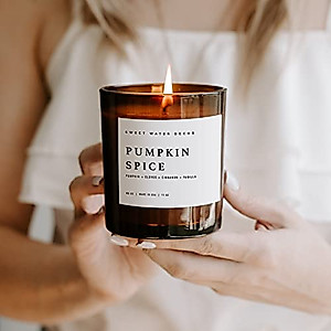 Sweet Water Decor Pumpkin Spice Candle - Fall Candles with Pumpkin, Clover, Cinnamon & Vanilla Scent for Home - Pumpkin Candle with 50 Hours Burn Time - 11Oz Wood Lid Amber Jar Pumpkin Soy Candles