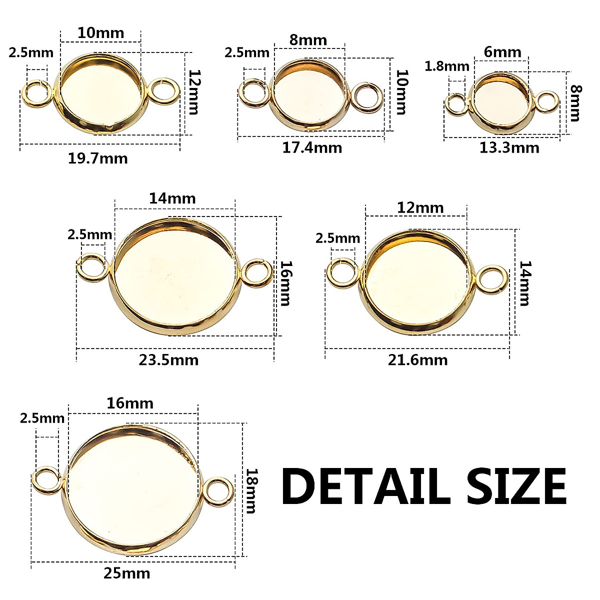 24pcs Gold Stainless Steel Cabochon Connectors Settings Round Blank Bezel Pendant Connector Trays Cabochon Pendant Bezel Blanks Links for DIY Jewelry Making,6 Sizes