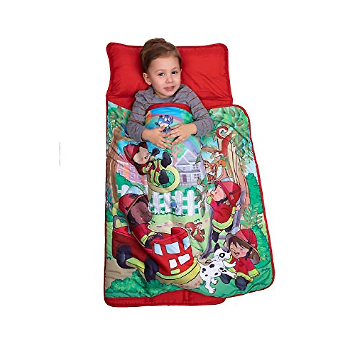 Baby Titi - Toddler Nap Mat with Removable Pillow, Carrying Handle and Strap Closure, Rollup Design, Soft Microfiber for Preschool, Daycare, Travel Sleeping Bag - Ages 2-4 Years (Firefighters)