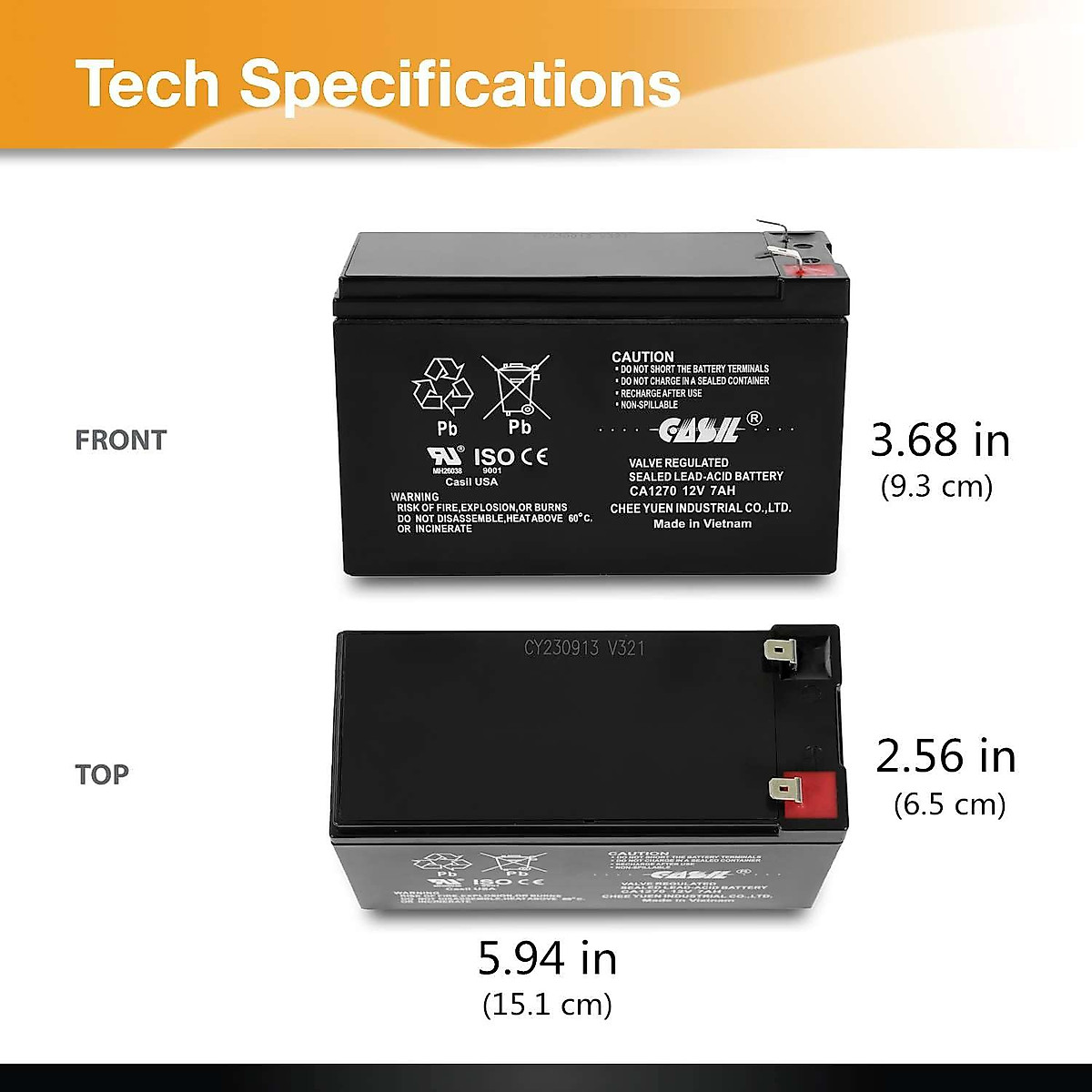 Casil 12v 7ah Deep Cycle Battery - 12v 7ah 20hr Battery AGM for Alarm System, UPS, Ride On Toys, and ADT Alarm System - Compatible with NP7-12, 6-DW-7, Johnlite, and Bateria 12v 7ah Models