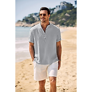 COOFANDY Men Hippie Beach T Shirts Band Collar Henley Shirt Summer Resort Wear Light Grey