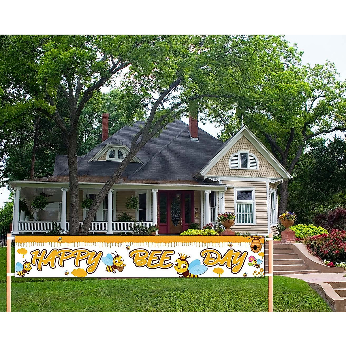 Large Happy Bee Day Banner | Bumble Bee Birthday Party Decoration | Happy Bee Day Party Supplies | Bumblebee Baby Shower Decoration - 9.8 x 1.6FT