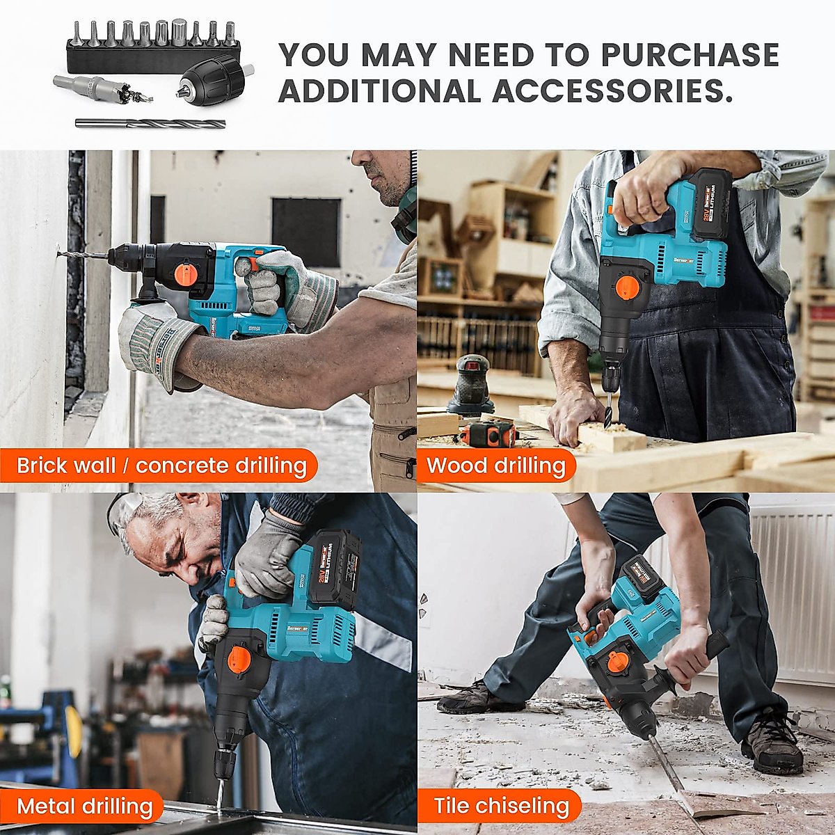 Berserker 20V Cordless 1-1/8" SDS-Plus Brushless Rotary Hammer Drill with Safety Clutch, 4.0Ah Lithium-Ion Battery Operated and Super Fast Charger, 4 Functions Variable Speed Rotomartillo for Concrete