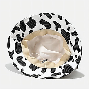 Cow Print Bucket Hat with Cute Horn Ears Cow Print Summer Beach Sun Hat Fisherman's Cow Bucket Hat (White)
