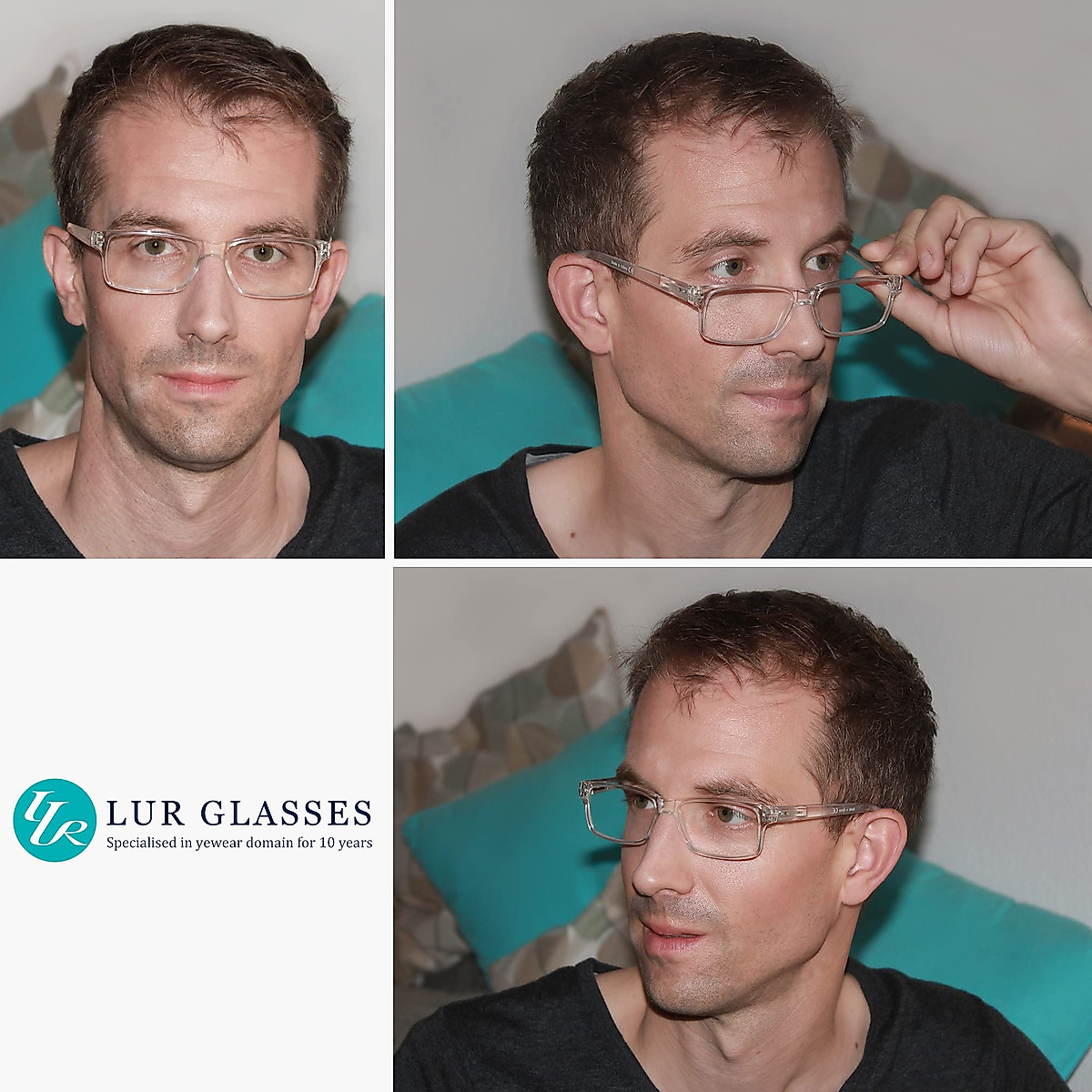 LUR READING GLASSES 6 Pack Spring Hinge Comfort Plastic Readers (Clear)