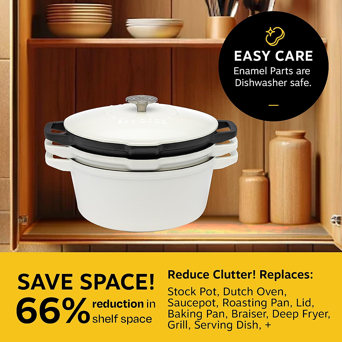 NATIVO 5pc Stackable Cast Iron Cookware Set, Versatile Enamel Dutch Oven, Seasoned Grill Pan & Enamel Braiser with Precision Pour Spouts, Universal Lid, Included Spacers/Handle Holders, White Dutch