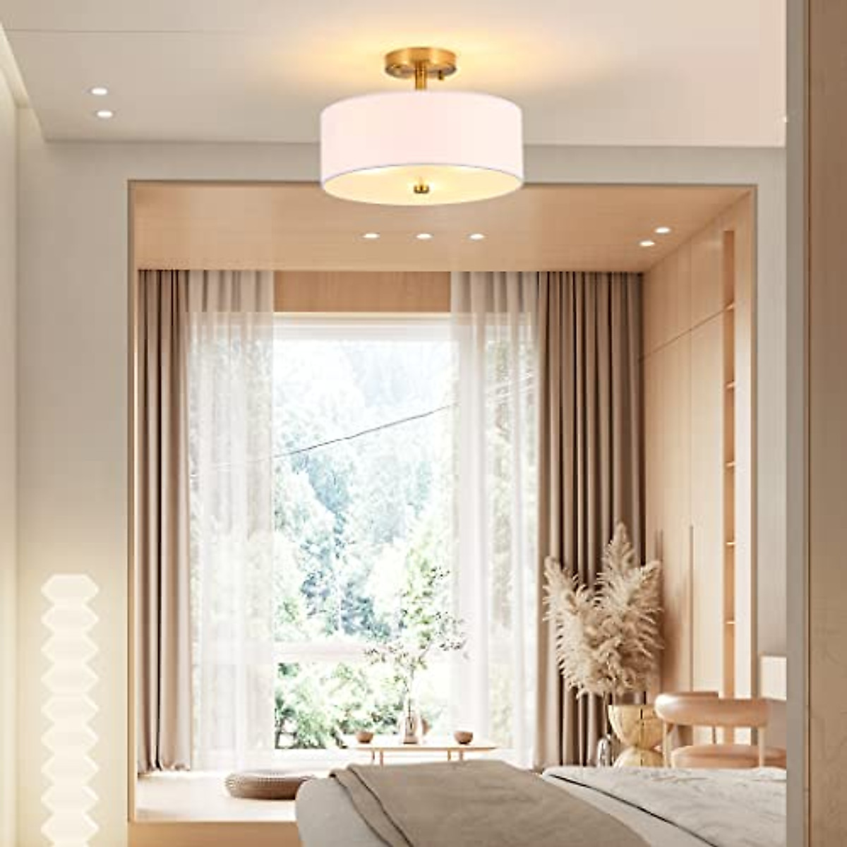 Ludil 3-Light Semi Flush Mount Ceiling Light Fixture, 13" Gold Drum Light Fixture, Modern Close to Ceiling Light with White Fabric Shade Lamps for Bedroom Living Dining Room Kitchen Hallway Entryway
