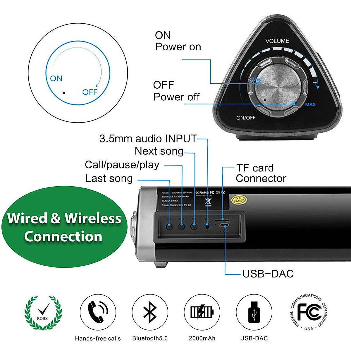 ASIYUN Sound Bar, Wired and Wireless Bluetooth 5.0 Audio Speaker Surround Sound Home Theater Built-in Subwoofers for TV/PC/Phones/Tablets with Remote Control (Support Device with AUX/RCA/USB Function)