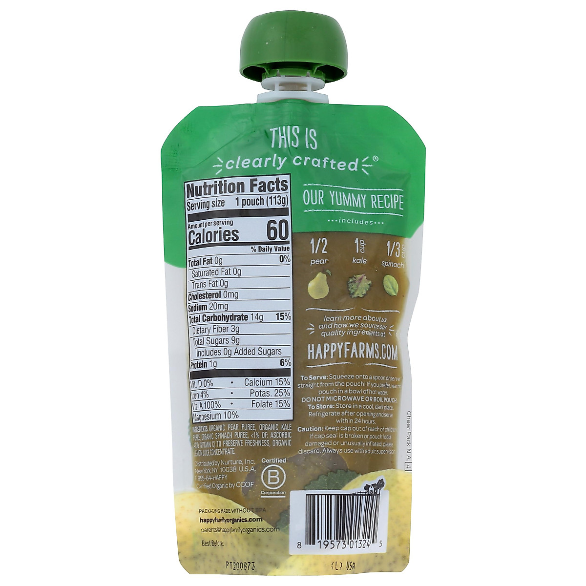 Happy Baby Pears Kale and Spinach Organic Baby Food, 4 Oz Pouch