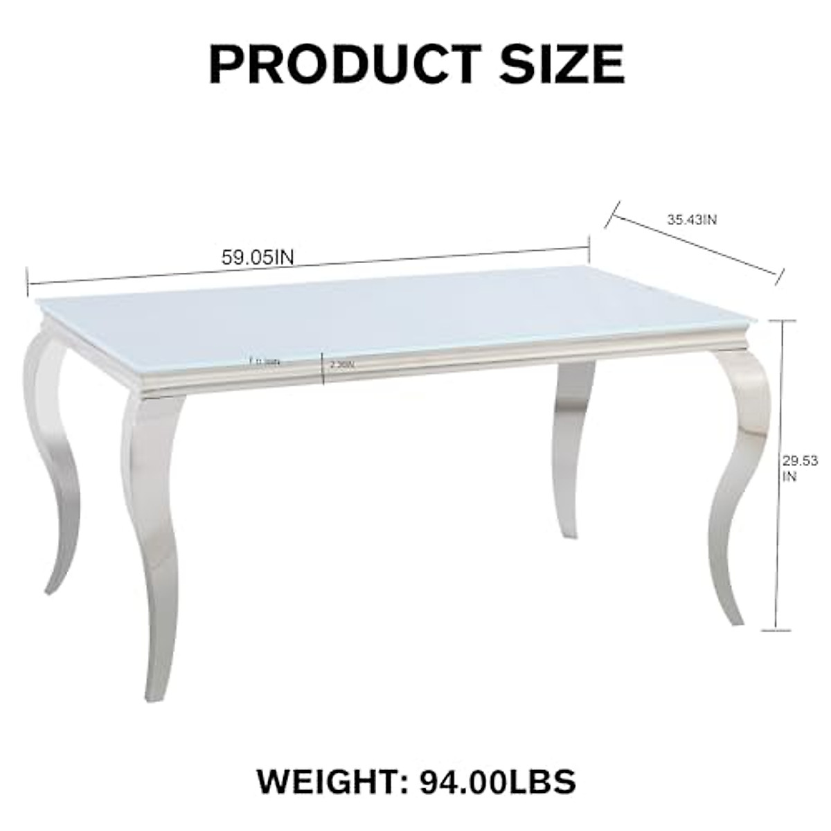 Nicemoods Modern Style Dining Table with Contemporary Tempered Contemporary White Glass Top S-Shaped Pedestal,Kitchen Table with Silver Stainless Steel Pedestal Base 59" Lx35.4 Wx29.5 H, Silver