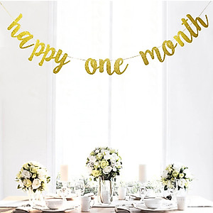 Starsgarden Glittery Gold Happy One Month Banner, Baby Boys/Girls' 1 Months/Half Year Birthday, Baby Shower Party Gold Gliter Paper Sign