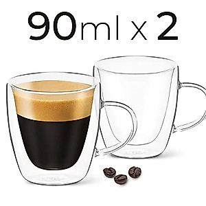 DLux Espresso Coffee Cups 3oz, Double Wall, Clear Glass Set of 2 Glasses with Handles, Insulated Borosilicate Glassware Tea Cup