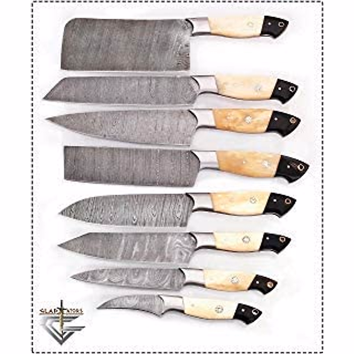 G16B8- Professional Kitchen Knives Custom Made Damascus Steel pcs of Professional Utility Chef Kitchen Knife Set with Chopper/Cleaver Black Horn (at end) GladiatorsGuild (8, White Bone)