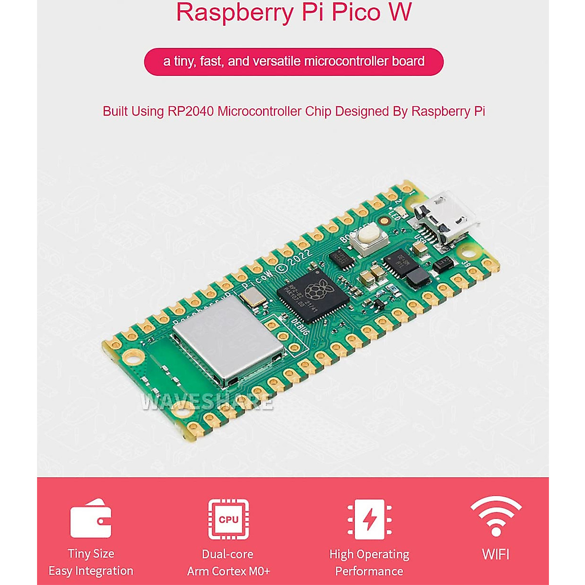 waveshare Pre-Soldered Header Raspberry Pi Pico W, Built-in WiFi Support 2.4 GHZ Wi-Fi 4, Based on Official RP2040 Dual-Core Processor,Dual-core Arm Cortex M0+ Processor