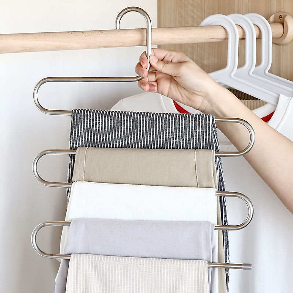 2 Pack Organizer Hangers, Space Saving Closet Hangers 5 Layers Multi-Functional Pants Rack | Organizer Racks for Clothes, Trousers Scarves, Leggings