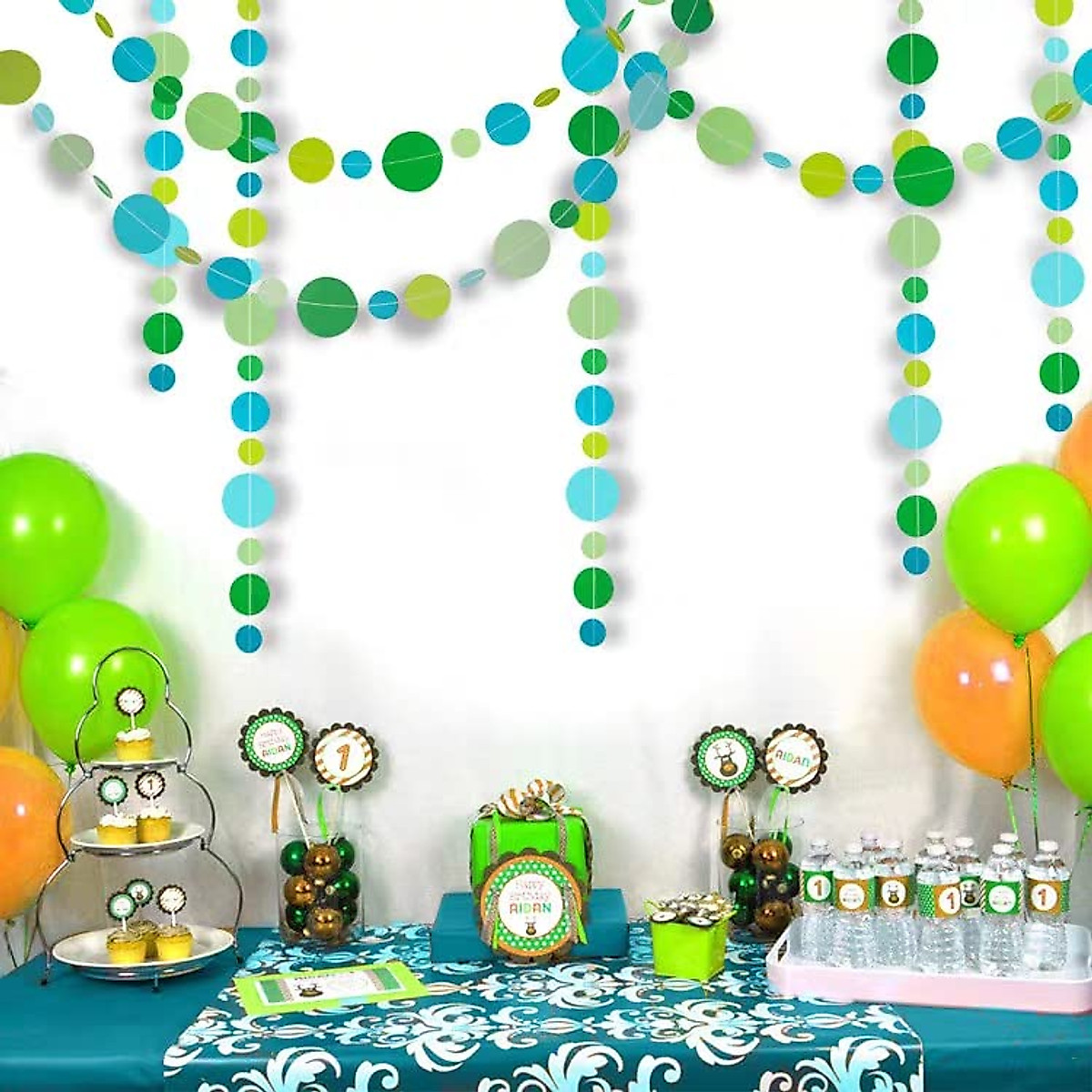 JEYE Blue and Green Circle Dots Party Garland Banner Decoration Polka Dots Paper Streamer Backdrop Hanging Decor for Baby Shower Birthday Wedding Christmas Graduation, Pack of 2, 26ft/8m in Total