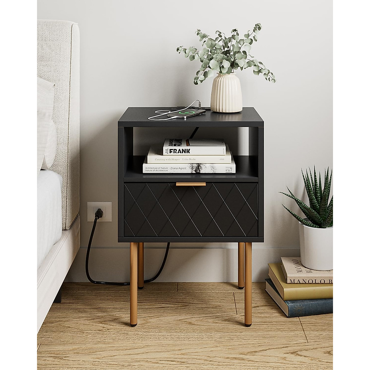 Aobafuir Nightstand with Charging Station, Drawer Dresser for Bedroom, Small Side Table with Drawer, Night Stand, End Table with Gold Frame for Bedroom, Living Room, Diamond Black