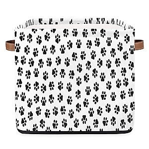 Yzrwebo Black Paw Print Fabric Storage Bins for Organizing Cat Dog Paw Print Large Storage Basket with Handles Cube Collapsible Organizer Bins for Shelves Closet Decor Toys Clothes Cubby 13"x13"x13"