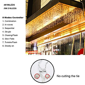 ZIMINGU Icicle Diwali Lights Outdoor, Christmas Hanging Window Curtains Dangling 13FT 96LEDs 8 Modes Weeping Willow Ceiling Fairy String Lights for Indoor Decorations, Warm White 4M