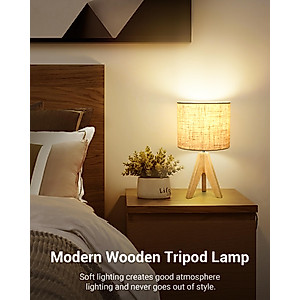 DEWENWILS Small Table Lamp, Boho Bedside Lamp with Linen Fabric Shade, Wood Tripod Nightstand Lamp for Living Room, Nursery, Bedroom, Kids Room, Side Table, 14.2 Inch, ON/Off Switch