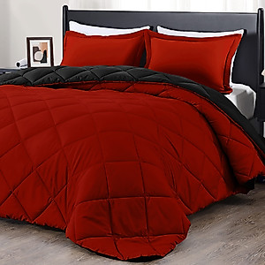 downluxe Lightweight Solid Comforter Set (King) with 2 Pillow Shams - 3-Piece Set - Red and Black - Down Alternative Reversible Comforter