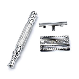 OdontoMed2011® Men's Stainless Steel Manual Shaver Double Edge Safety Shaving Razor Chrome Plated with 5 Pcs Double Edge Razor Blades BTS-319
