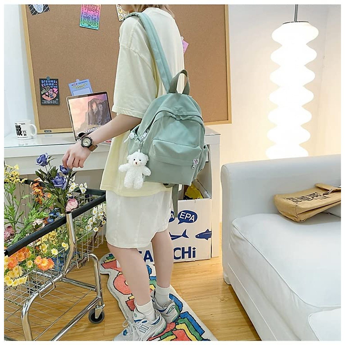 Kawaii Backpack with Cute Accessories Kawaii Aesthetic Backpack with Bag Charm Available in Pastel Colors (Green)