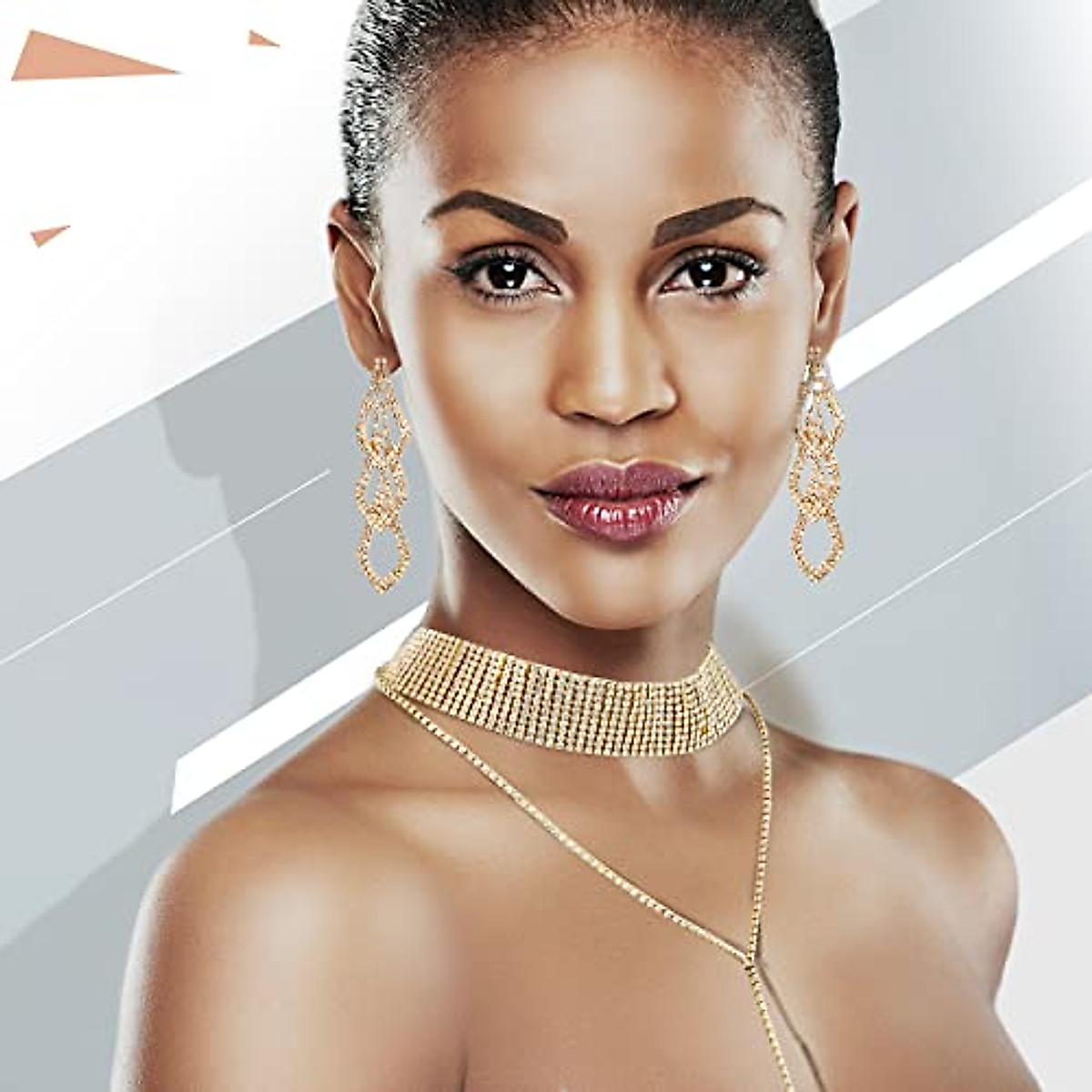 MTLEE 6 Pieces Women Rhinestone Jewelry Set Layered Choker Necklaces Long Tassel Necklaces Crystal Bracelet Cuff Bangles Diamond Tassel Dangle Earrings (Gold)