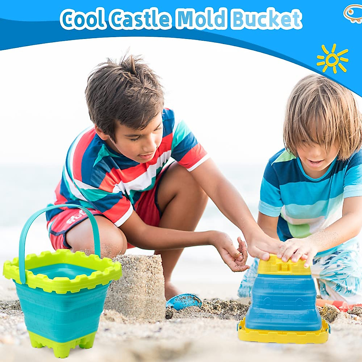 3L Jumbo Foldable Buckets, Castle Sand Beach Toy Silicon Pails For Kids Adults, Collasible Water Bucket Sandbox Kit Multi Use Summer Essential For Travel Cleaning, Camping, Picnic, Fishing 3 PCS