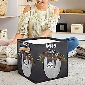 Large Collapsible Storage Bins,Flower Lazy Sloth Decorative Canvas Fabric Storage Boxes Organizer with Handles,Cube Square Baskets Bin for Home Shelves Closet Nursery Gifts