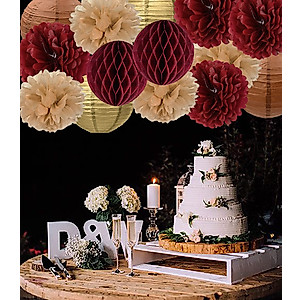 Burgundy Graduation Party Decorations Maroon Party Decorations Tissue Pom Poms Lanterns Honeycomb Balls for Wedding Anniversary Bridal Shower Engagement Bachelorette Party Birthday Party Fall Party
