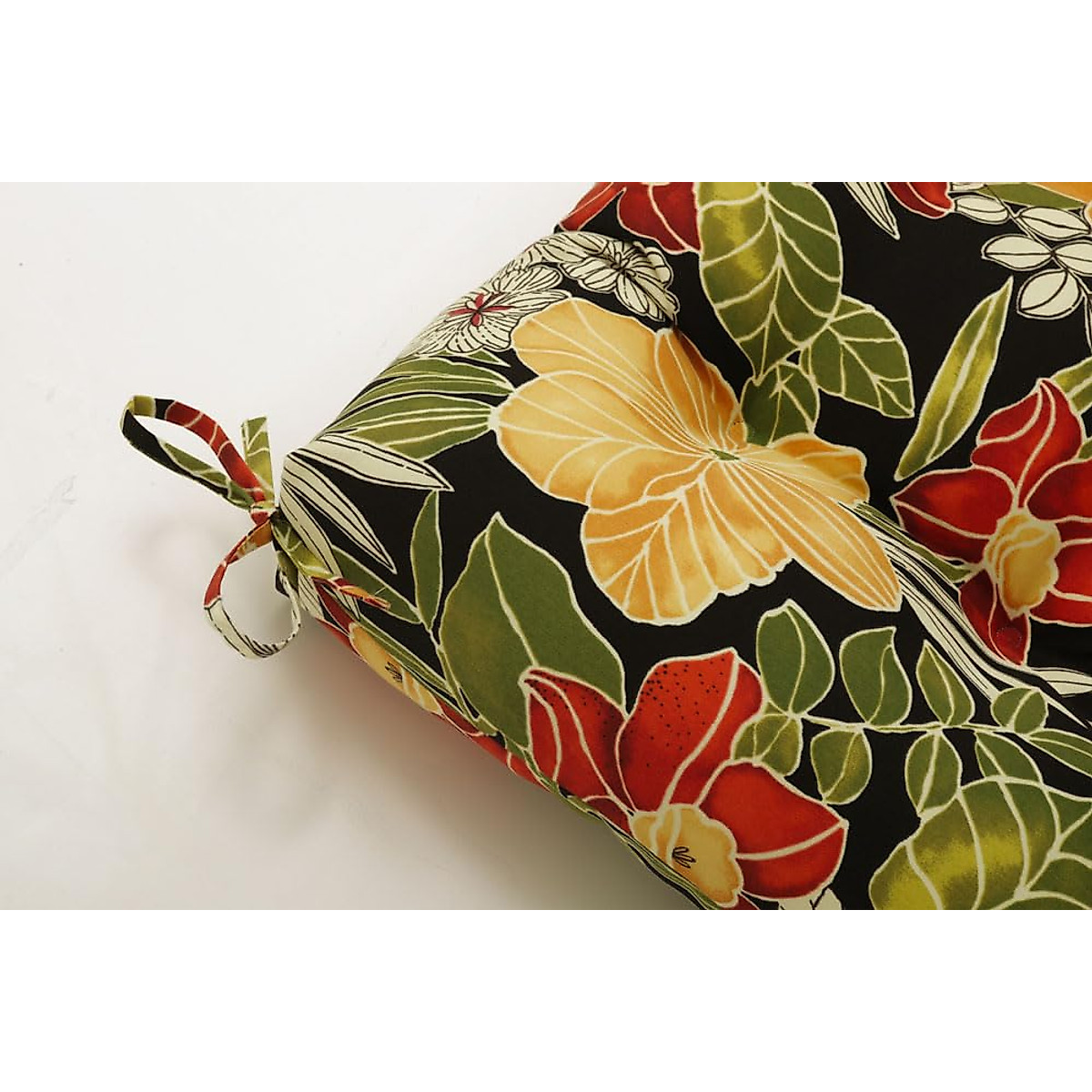 Pillow Perfect Tropic Floral Indoor/Outdoor Sofa Setee Bench Swing Cushion with Ties, Tufted, Weather, and Fade Resistant, 18" x 48", Black/Green Clemens, 1 Count