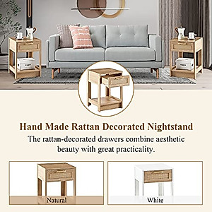 LETESA Rattan Nightstands Set of 2, with Rattan Decor Drawer and Open Shelf, Bed Side Tables with Solid Wood Feet, End Table, Night Stands, for Bedroom, Living Room (2, Natural-Square)