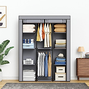 HODYANN Portable Closet, Wardrobe Closet with 10 Storage Shelves and 2 Hanging Rods, Non-Woven Fabric Cover, 52.4 x 18.1 x 66.6 Inches Closet Organizer for Bedroom, Gray