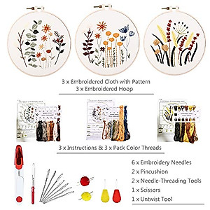 YINVA 3 Sets Embroidery Beginner Kits Embroidery Starter Kit Cross Stitch Kit Include 3 Embroidery Clothes with Floral Pattern Instructions Hoops Floss Thread Fabric Needles for Beginners