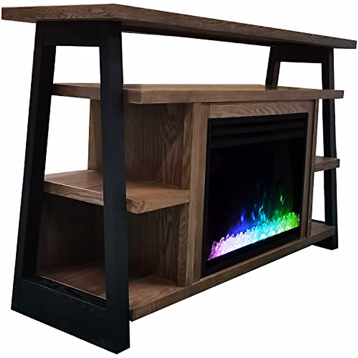 Cambridge Sawyer 53 Inch Freestanding Fireplace Mantel TV Stand with Storage Shelves and 1500 Watt Electric Heater Insert with Crystal Display, Multicolor Flames, Remote Control in Walnut/Black