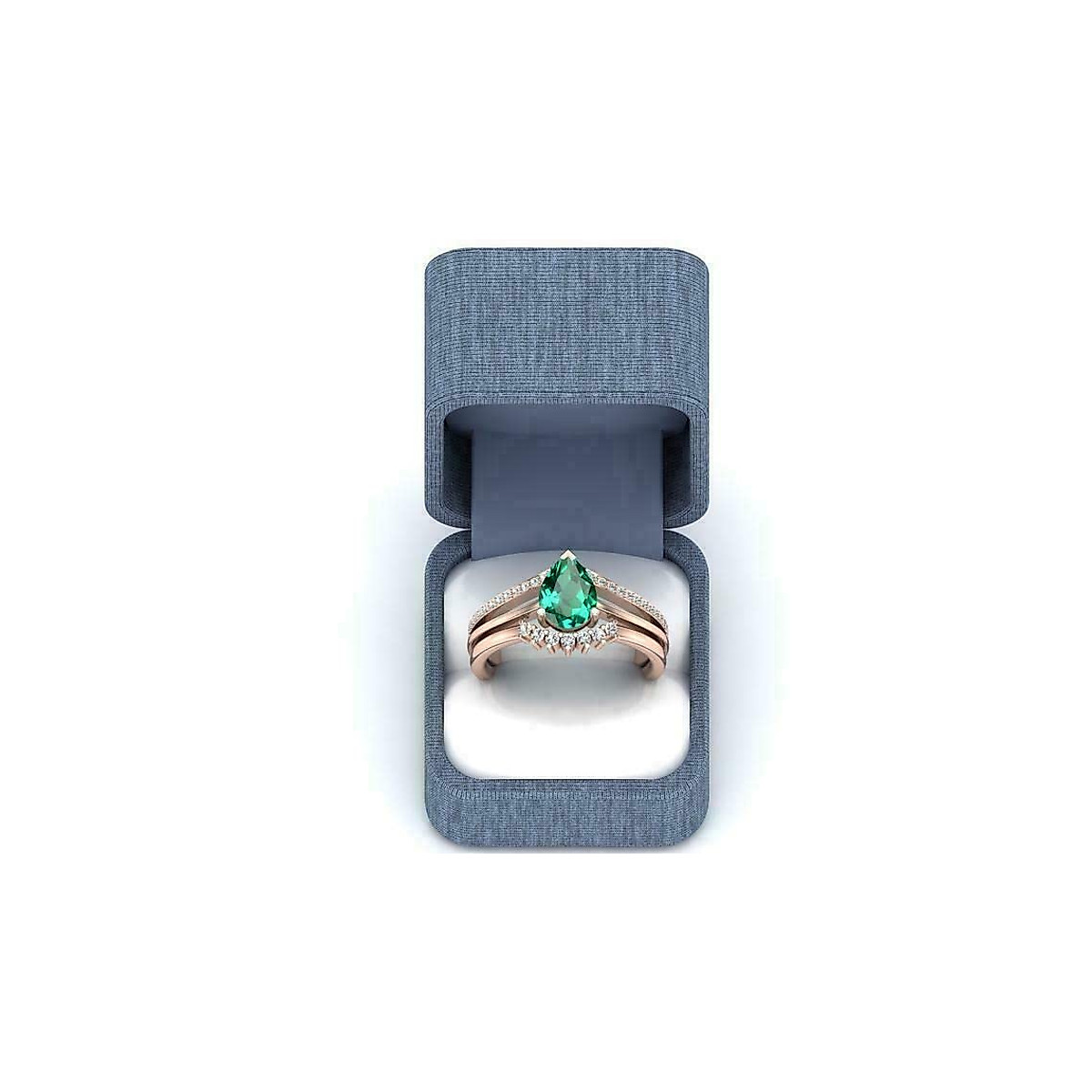 3.00 Ct Pear & Round Cut Green Emerald Diamond Engagement Wedding Women's Trio Ring Set 14k Rose Gold Finish (10.5)