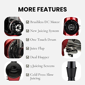 Sana 727 Supreme Cold Press Masticating Juicer | Large Batch | Non-Stop Juicing | 4 Speed Brushless DC Motor | 45-120 RPM’s | Easy clean 132 Page Recipe Book | 15 Year Warranty | Red