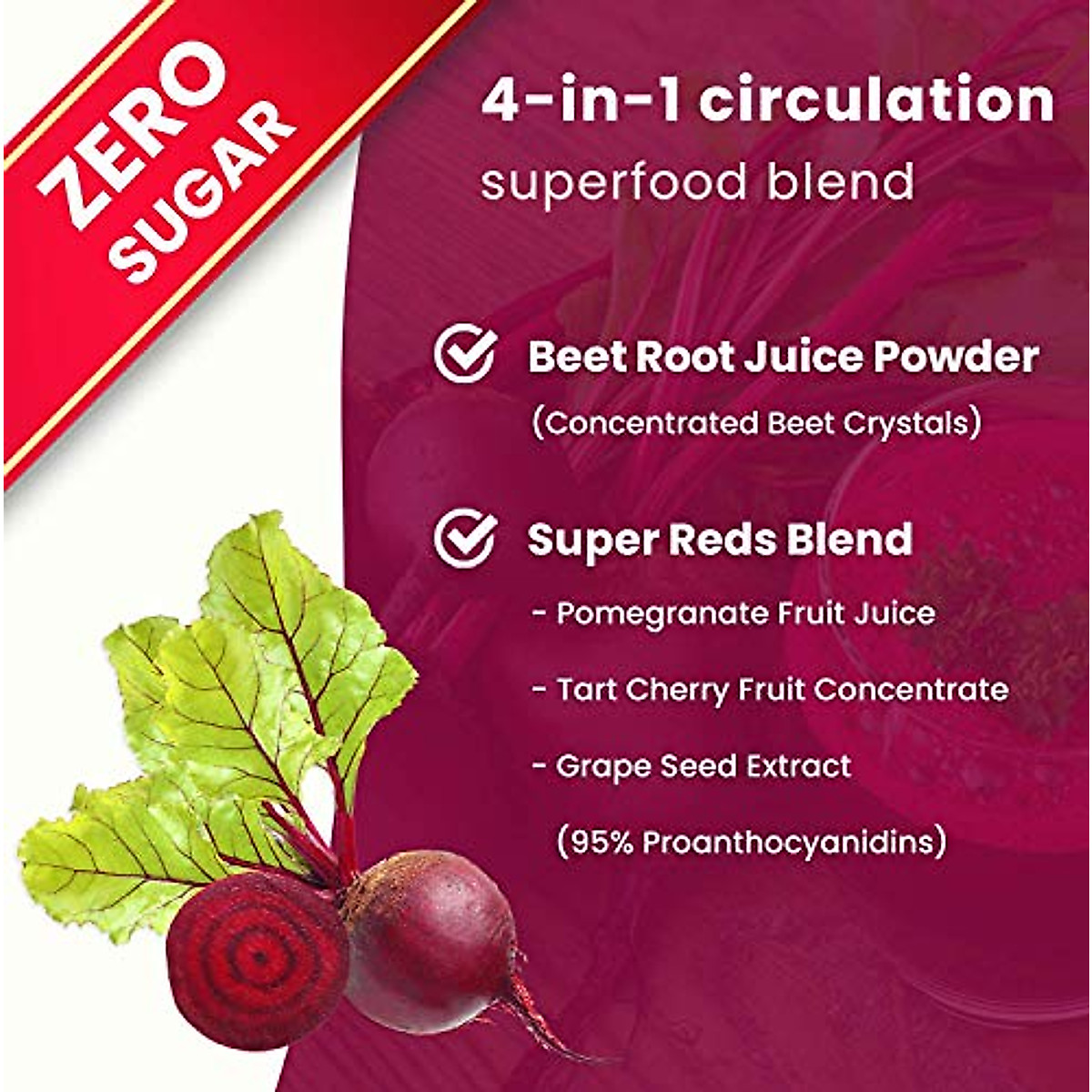 Beet Root Powder Circulation Supplement | Superfood Powder Nitric Oxide Supplement with Beetroot Juice, Super Reds Powder & Grape Seed Extract | No Sugar Beet Supplement