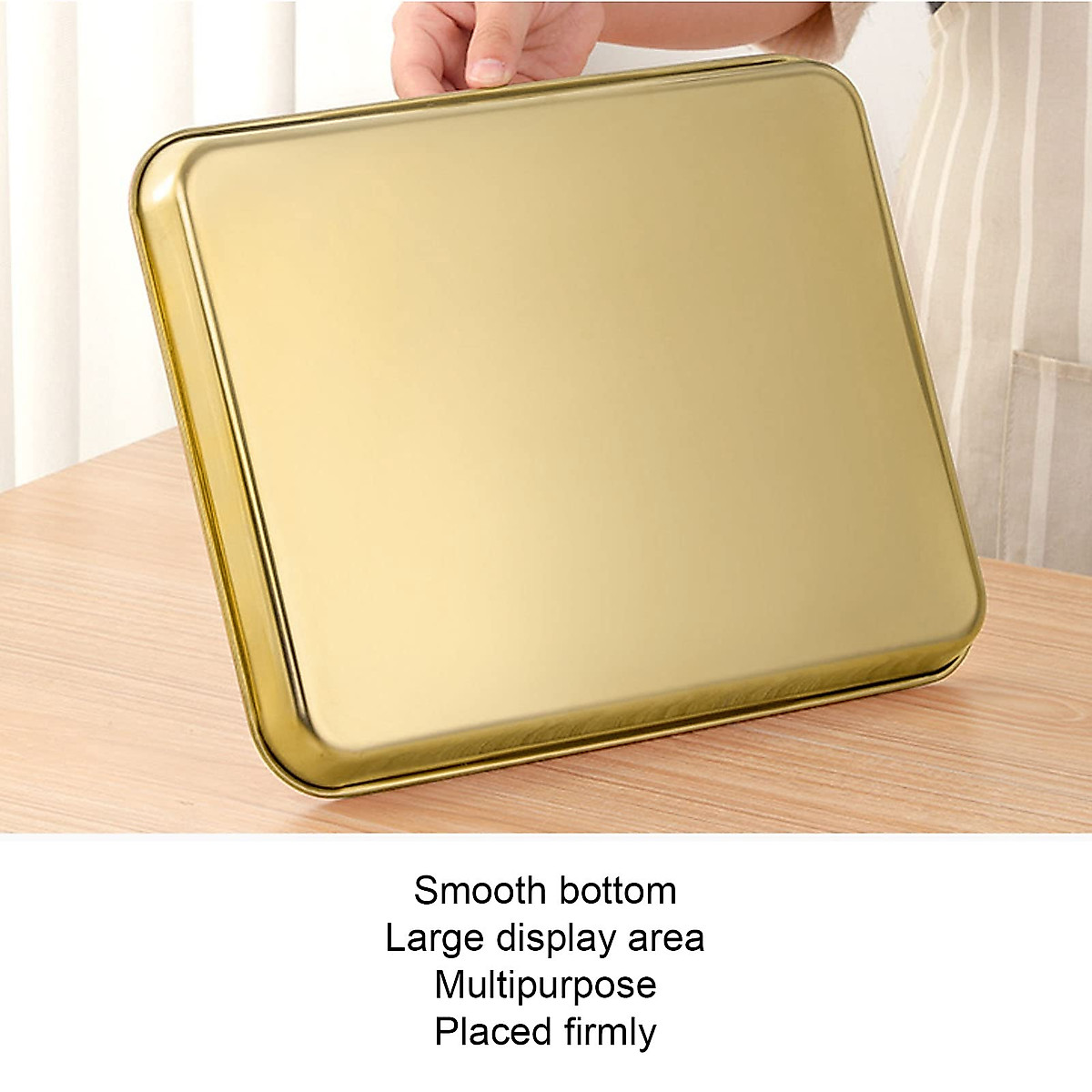 Stainless Steel Food Serving Tray, Rectangular Decorative Mirrored Serveware Platter Bottom Tray for Flat Bottom Plate Restaurant Home Golden Flat Gold