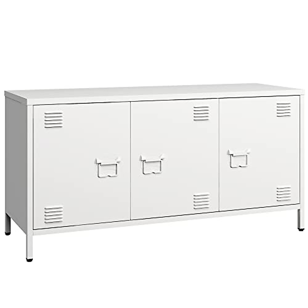 MIOCASA 3 Door Metal Locker TV Cabinet with Shelf Industrial Steel Storage Cabinet TV Stand Entertainment Media Console Table for Living Room,Bedroom, Garage, Office (White)