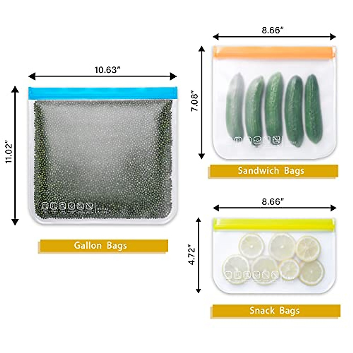 NIKUY Reusable Food Storage Bags- 12 Pack BPA Free Flat Freezer Bags (2 Reusable Gallon Bags & 5 Leakproof Reusable Sandwich Bags & 5 Small Kids Snack Bags) for Meat Veggies Fruit