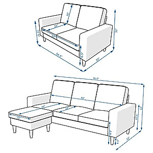 Panana 3 Piece Small Sofa Set, Sectional Sofa Loveseat with Ottoman for Small Space Living Room Apartment (Grey)