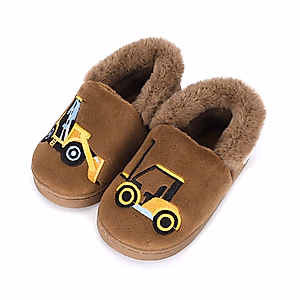 ESTAMICO Boys Girls Warm Slippers Cartoon Truck Kids Winter Indoor Household Shoes, Khaki 9-10 Toddler
