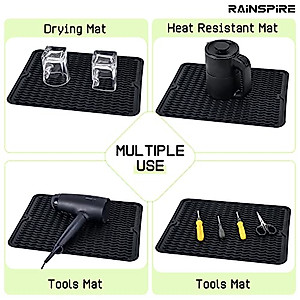 Rainspire Dish Drying Mats For Kitchen Counter, Silicone Dish Mat Drying Kitchen Mat, Food Grade Silicone Sink Drying Mat, Quick Dry Slip Resistant Kitchen Mats, 16x12inch, Black