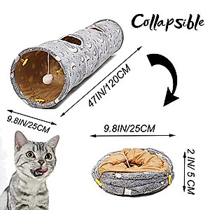 LUCKITTY Cat Tunnel Tube with Plush Ball Toys Collapsible Self-Luminous Photoluminescence, for Small Animals Pets Bunny Rabbits, Kittens, Ferrets,Puppy and Dogs Grey Moon Star